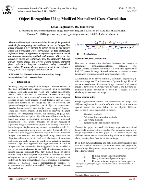 Pdf Object Recognition Using Modified Normalized Cross Correlation Innovative Research