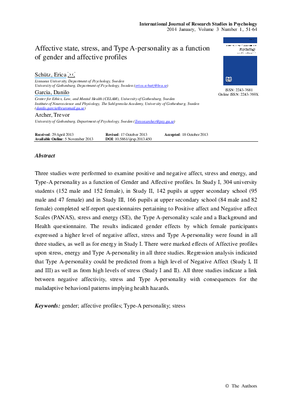 (PDF) Affective state, stress, and Type A-personality as a function of gender and affective profiles