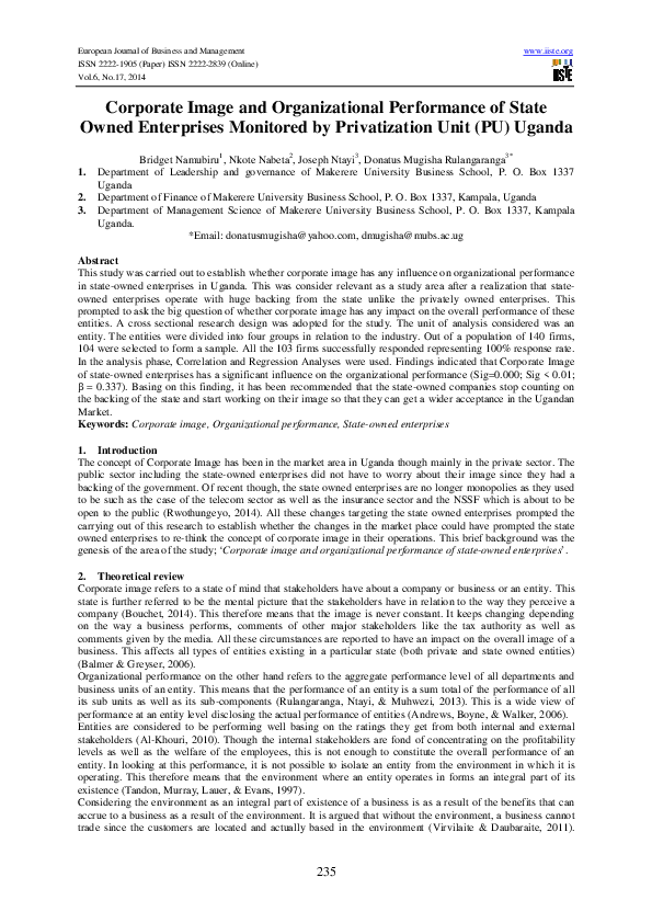 (PDF) Corporate Image and Organizational Performance of State Owned Enterprises Monitored by ...
