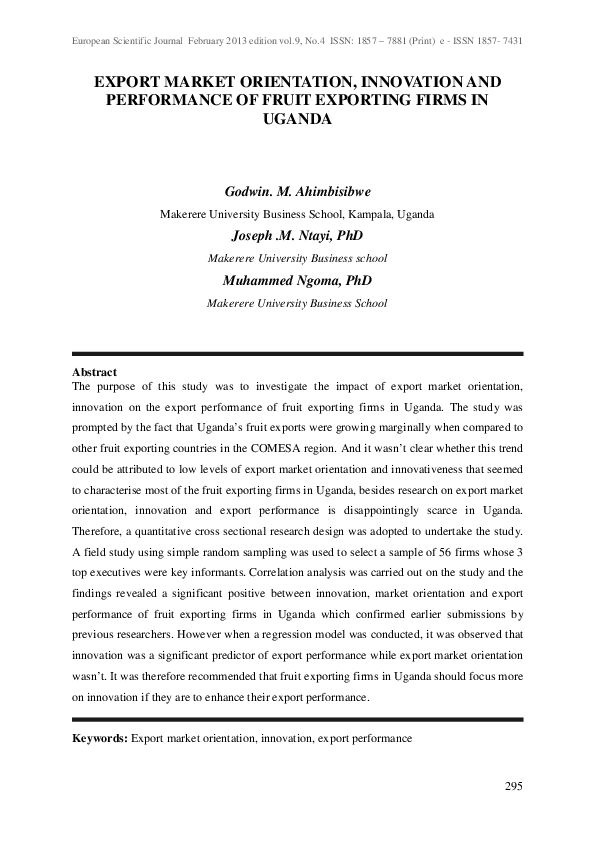 (PDF) Export Market Orientation, Innovation and Performance of Fruit ...