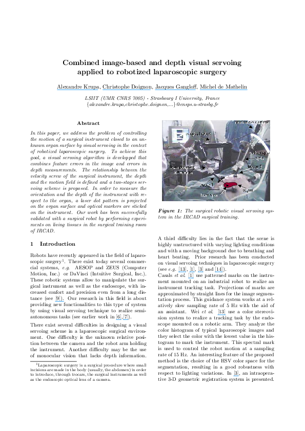 (PDF) Combined image-based and depth visual servoing applied to robotized laparoscopic surgery
