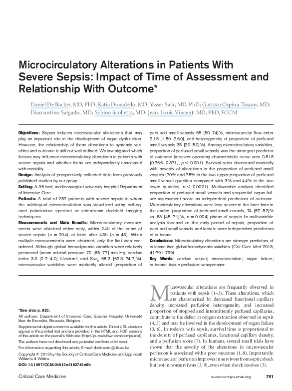 Pdf Microcirculatory Alterations In Patients With Severe Sepsis
