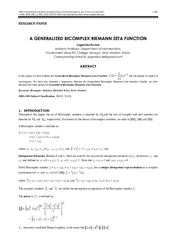 Pdf A Generalized Bicomplex Riemann Zeta Function