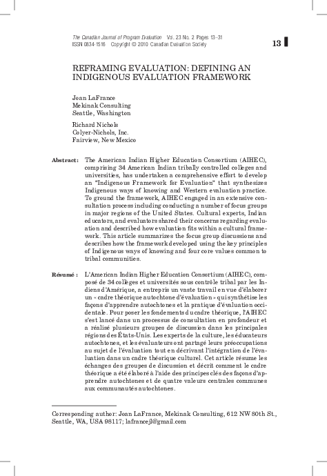 (PDF) RefRaming evaluation: Defining an inDigenous evaluation fRamewoRk