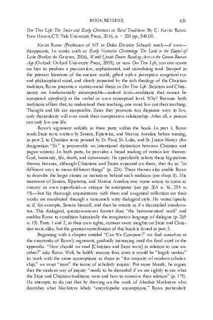 (PDF) C. Kavin Rowe. One True Life: The Stoics and Early Christians as ...