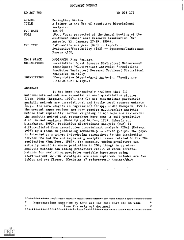 Pdf A Primer On The Use Of Predictive Discriminant Analysis
