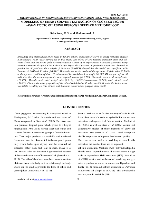 (PDF) MODELLING OF BINARY SOLVENT EXTRACTION OF CLOVE (SYZYGIUM ...