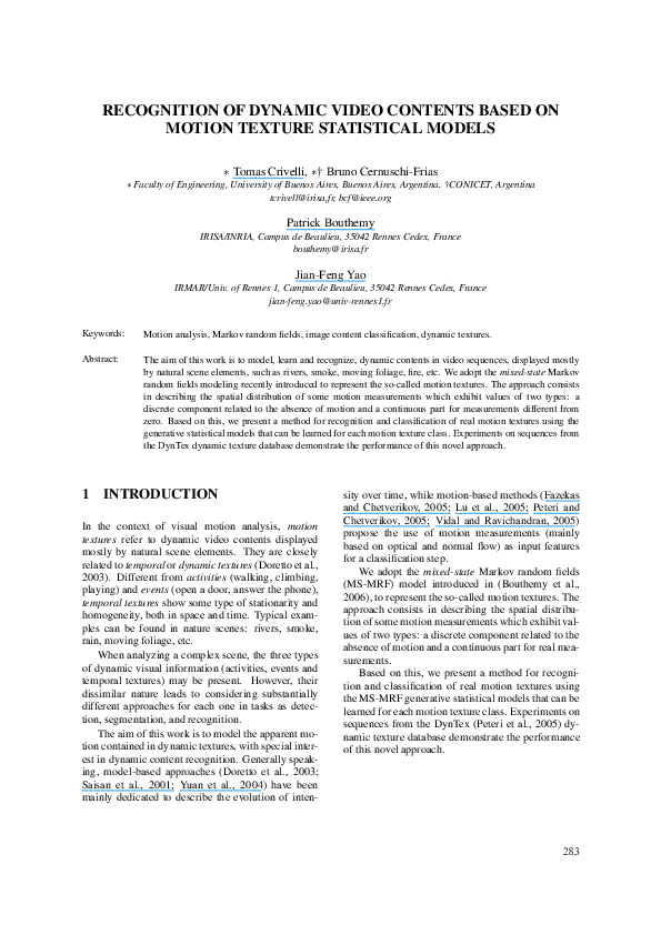 Pdf Recognition Of Dynamic Video Contents Based On Motion Texture Statistical Models