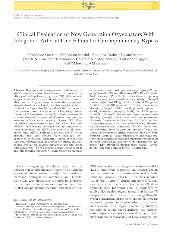 (PDF) Clinical Evaluation of New Generation Oxygenators With Integrated ...