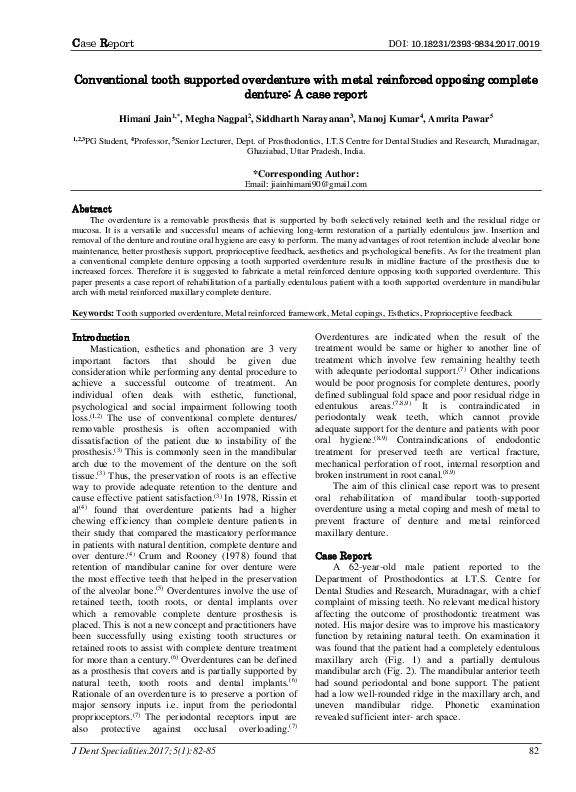 (PDF) Conventional tooth supported overdenture with metal reinforced ...