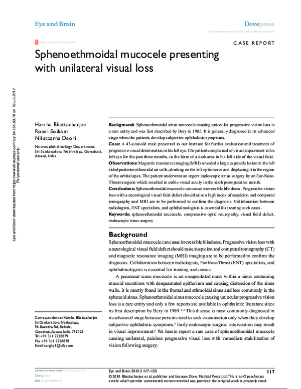 (PDF) Sphenoethmoidal mucocele presenting with unilateral visual loss
