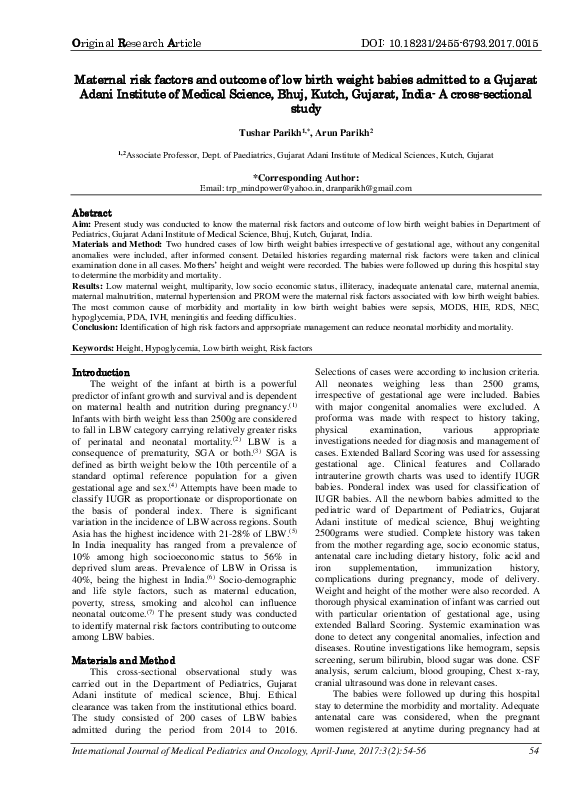 (PDF) Maternal risk factors and outcome of low birth weight babies ...