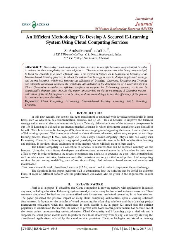 Pdf An Efficient Methodology To Develop A Secured E Learning System Using Cloud Computing Services