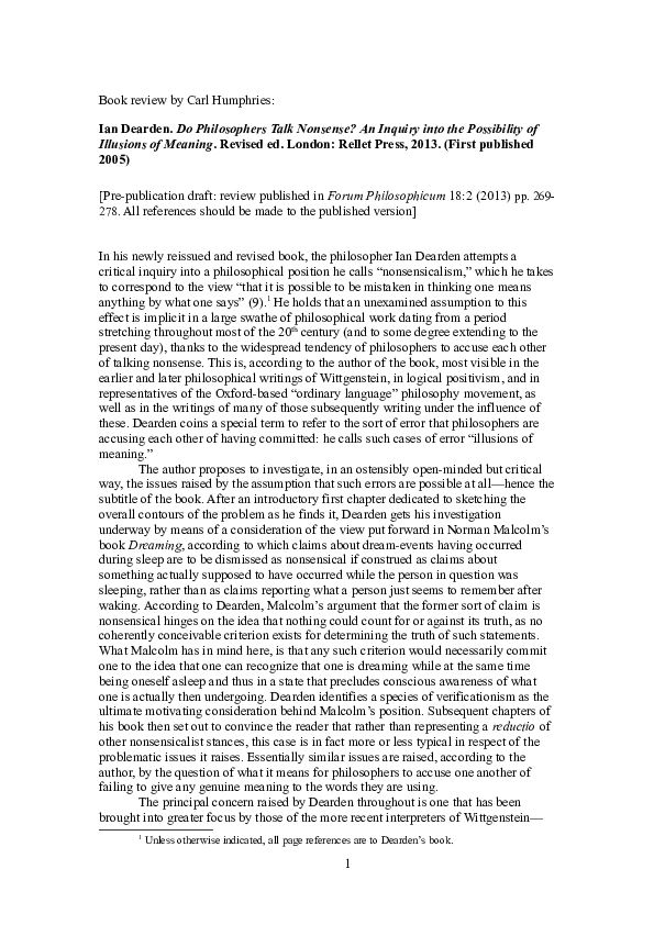 (DOC) Do Philosophers Talk Nonsense? An Inquiry into the Possibility of ...