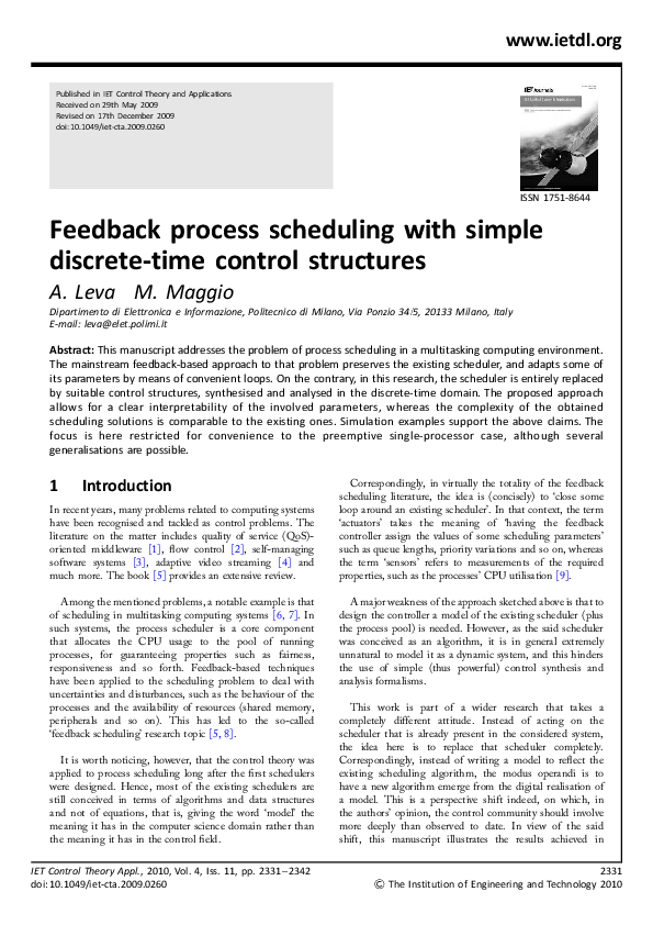 (PDF) Feedback process scheduling with simple discrete-time control structures | Alberto Leva ...