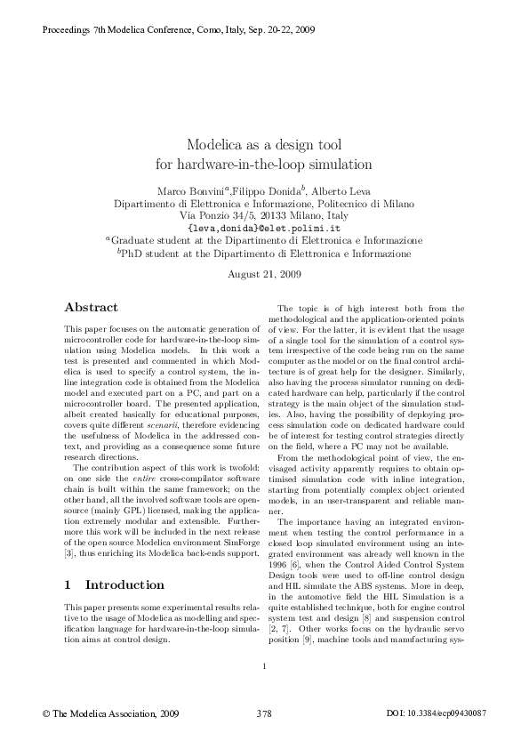 (PDF) Modelica as a design tool for hardware-in-the-loop simulation