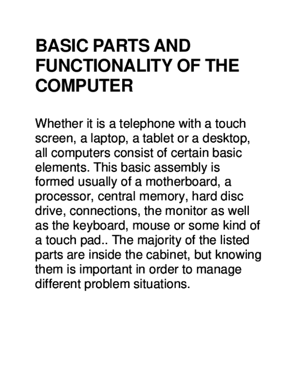(DOC) BASIC PARTS AND FUNCTIONALITY OF THE COMPUTER