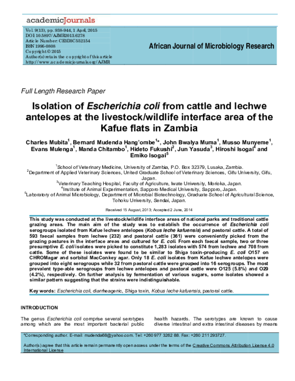 (PDF) Isolation of Escherichia coli from cattle and lechwe antelopes at ...