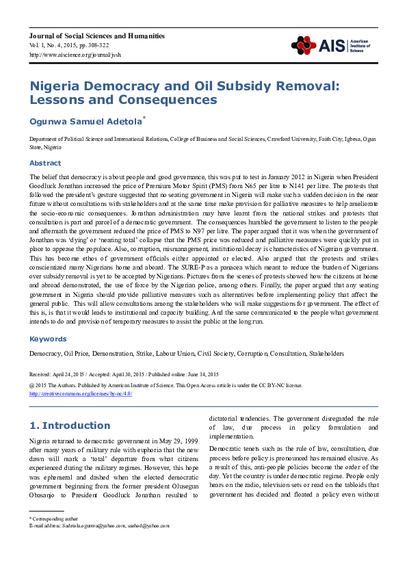(PDF) Nigeria Democracy and Oil Subsidy Removal: Lessons and Consequences