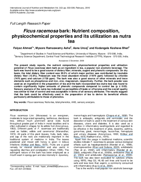 (PDF) Ficus racemosa bark: Nutrient composition, physicochemical ...