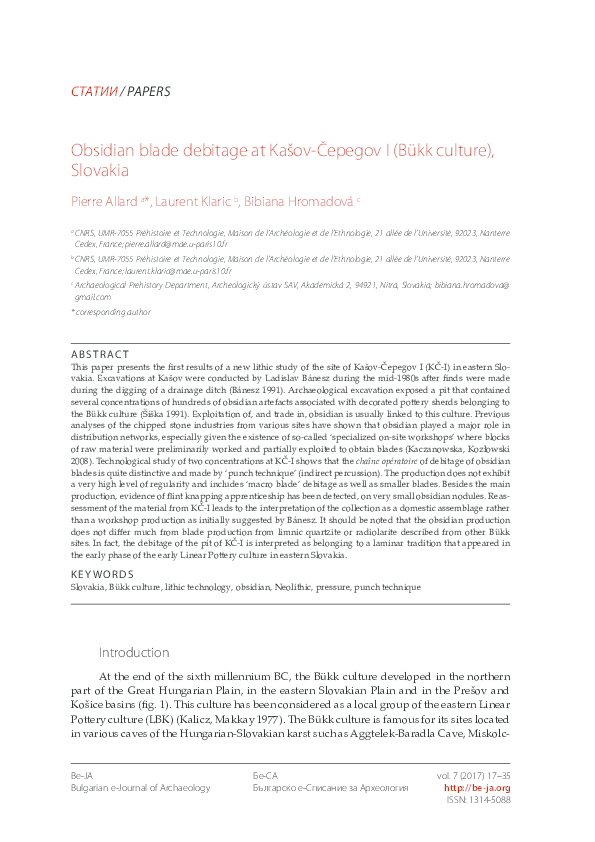 (PDF) Obsidian blade debitage at Kašov-Čepegov I (Bükk culture), Slovakia.