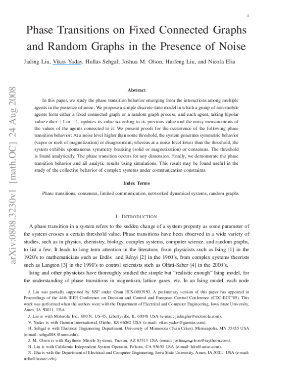 Pdf Phase Transitions On Fixed Connected Graphs And Random Graphs In