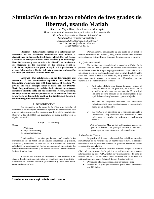 (PDF) Simulación de un brazo robótico de tres grados de libertad usando ...