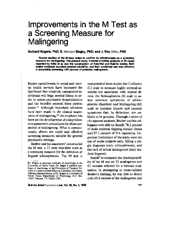 (PDF) Improvements in the M Test as a Screening Measure for Malingering