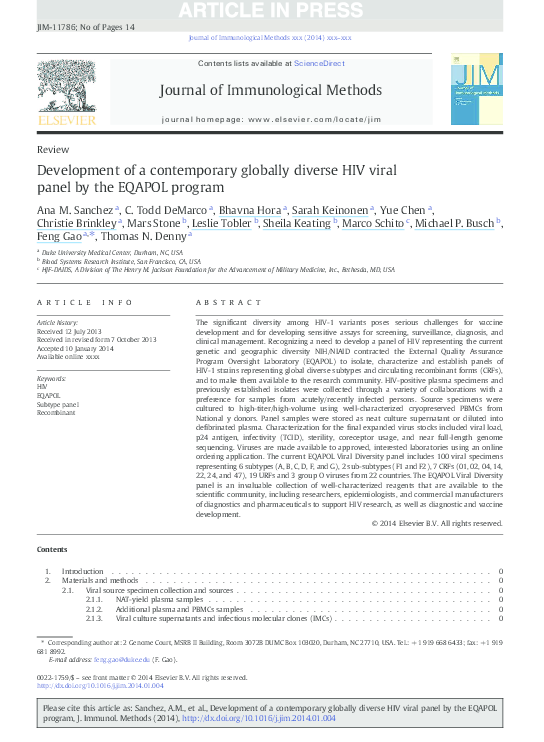 (PDF) Development of a contemporary globally diverse HIV viral panel by ...