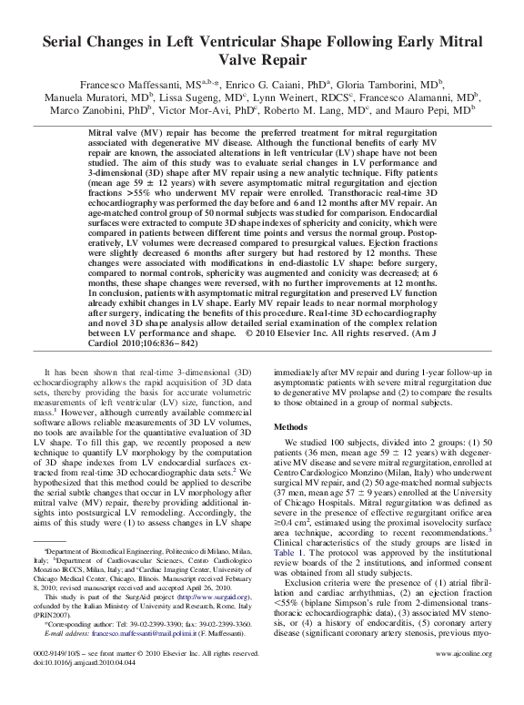 (PDF) Serial Changes in Left Ventricular Shape Following Early Mitral Valve Repair | Marco ...