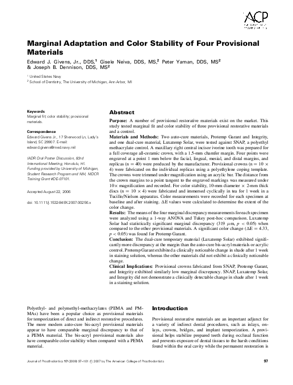 (PDF) Marginal Adaptation and Color Stability of Four Provisional Materials | Frank Kim ...