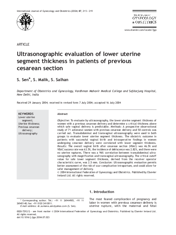 (PDF) Lower uterine segment scar thickness as a predictor of successful vaginal birth after ...