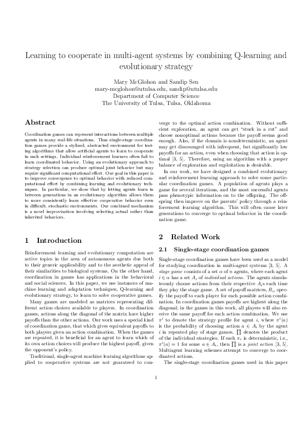 (PDF) Learning to cooperate in multi-agent systems by combining Q ...