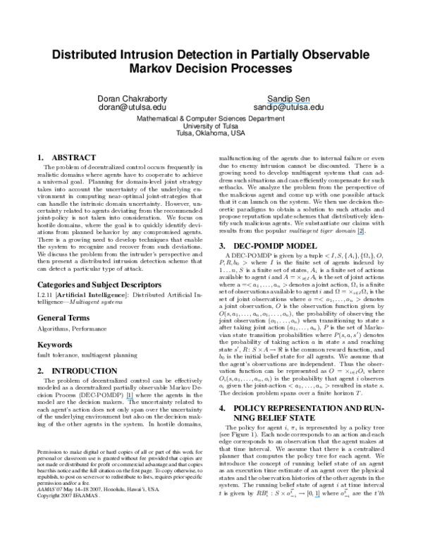(PDF) Distributed intrusion detection in partially observable Markov decision processes