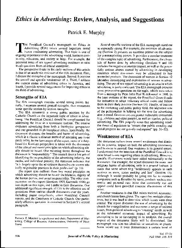 (PDF) Ethics in Advertising: Review, Analysis, and Suggestions