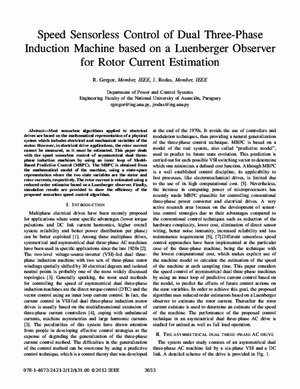 Pdf Speed Sensorless Control Of Dual Three Phase Induction Machine Based On A Luenberger