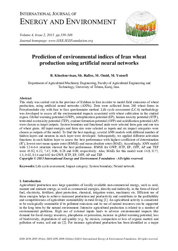 Pdf Prediction Of Environmental Indices Of Iran Wheat Production Using Artificial Neural Networks