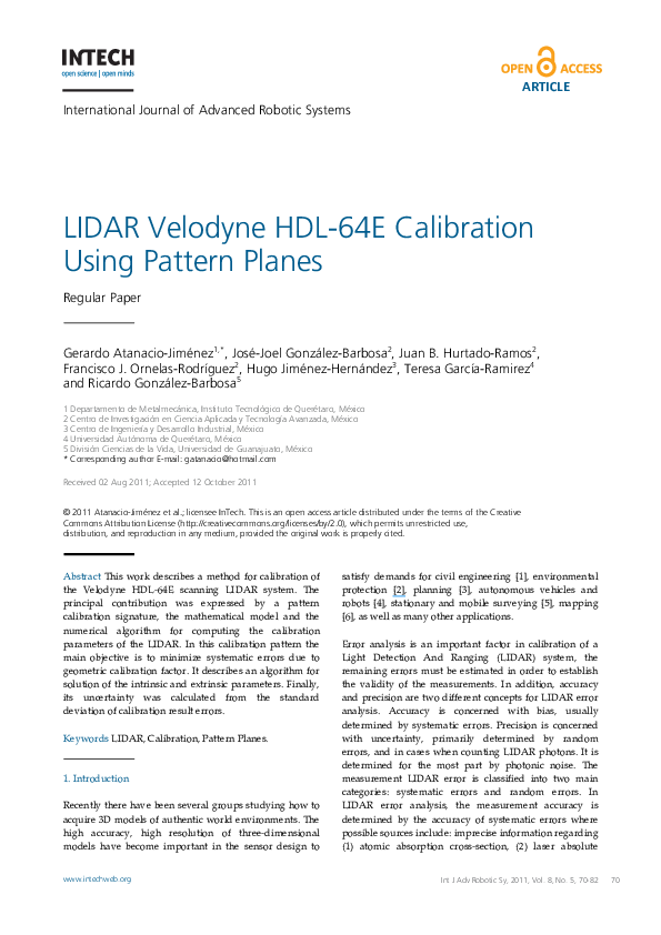 (PDF) LIDAR Velodyne HDL-64E Calibration Using Pattern Planes