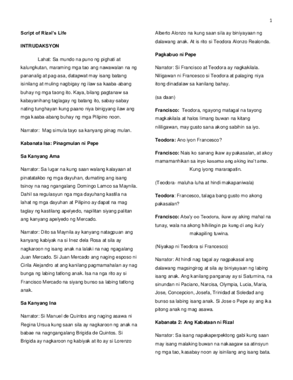 (DOC) Script of Rizal's Life