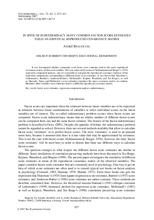 Pdf In Spite Of Indeterminacy Many Common Factor Score Estimates Yield An Identical Reproduced