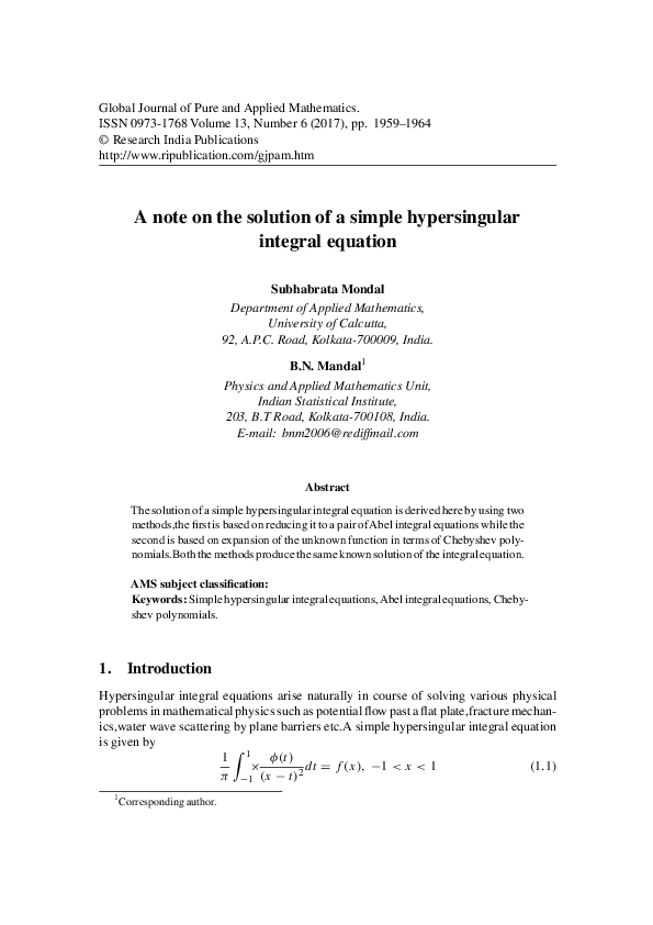 (PDF) A note on the solution of a simple hypersingular integral equation