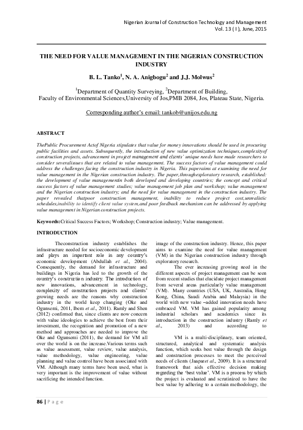 (PDF) THE NEED FOR VALUE MANAGEMENT IN THE NIGERIAN CONSTRUCTION INDUSTRY