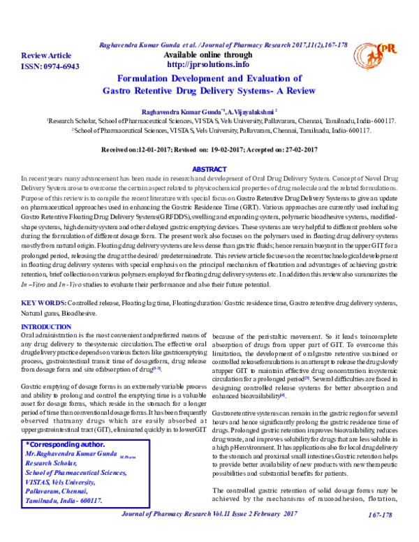 (PDF) Formulation Development and Evaluation of Gastro Retentive Drug ...