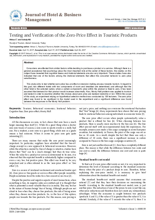 (PDF) Testing and Verification of the Zero-Price Effect in Touristic ...