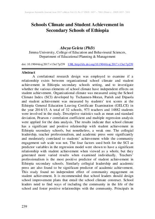 (PDF) Schools Climate and Student Achievement in Secondary Schools of ...