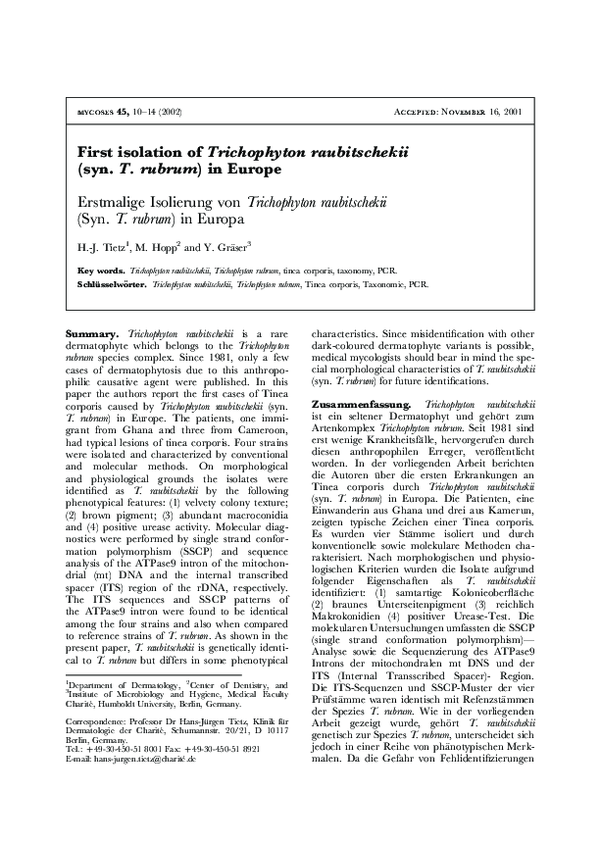 (PDF) First isolation of Trichophyton raubitschekii (syn. T. rubrum) in ...