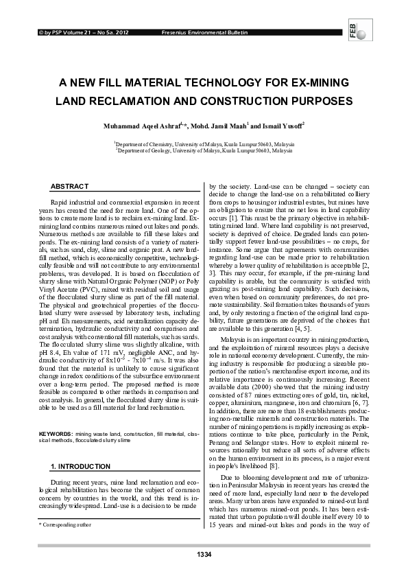 (PDF) A NEW FILL MATERIAL TECHNOLOGY FOR EX-MINING LAND RECLAMATION AND ...