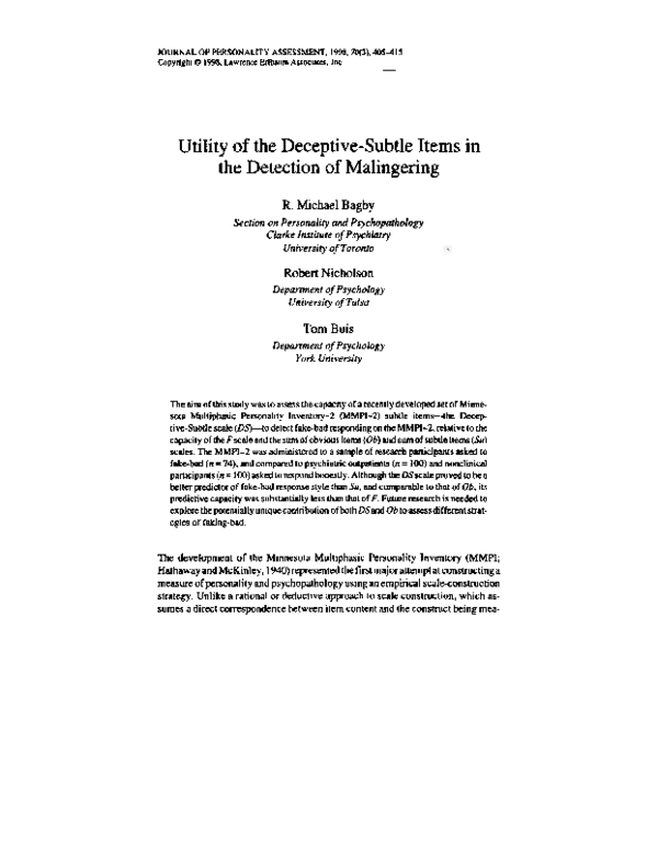 (PDF) Utility of the Deceptive-Subtle Items in the Detection of Malingering