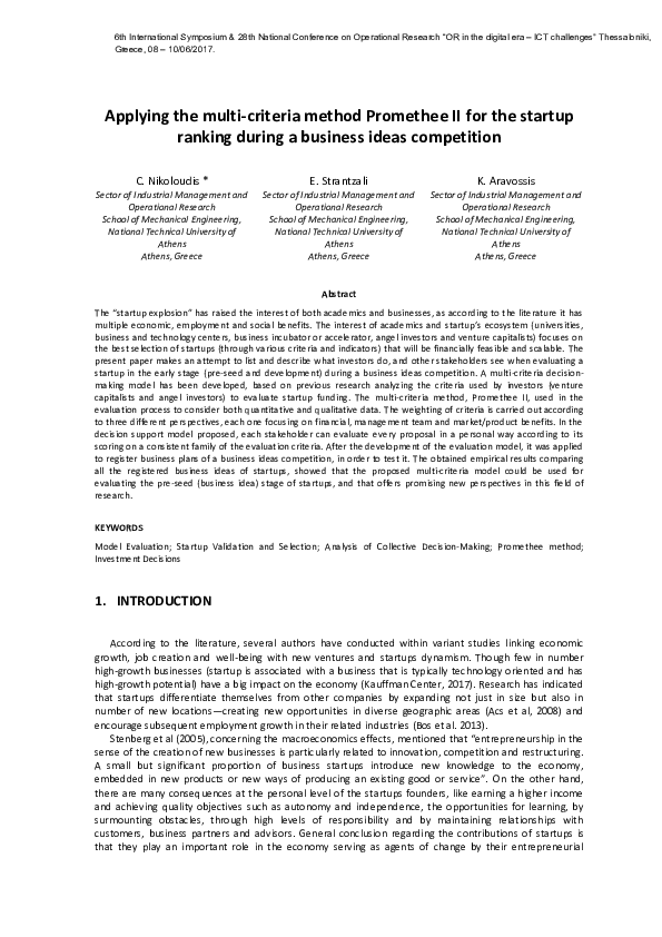 (PDF) Applying the multi-criteria method Promethee II for the startup ranking during a business ...