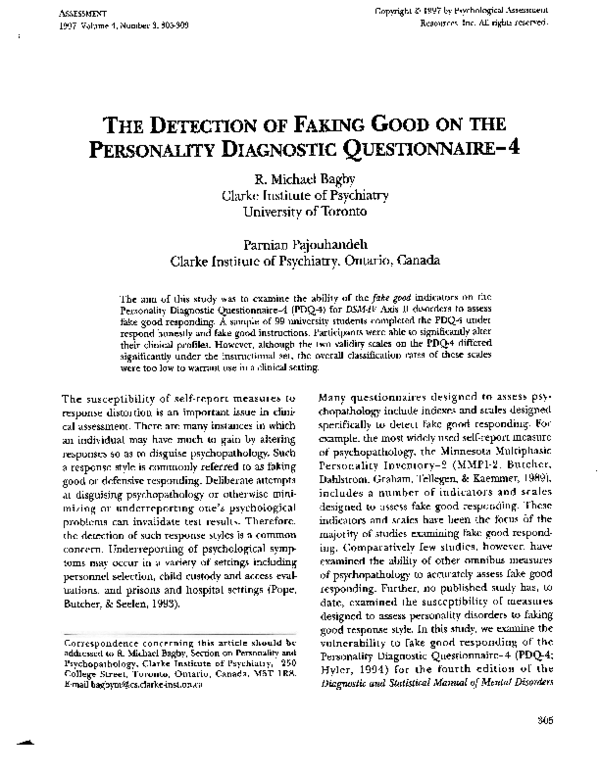 (PDF) THE DETECTION OF FAKING GOOD ON THE PERSONALITY DIAGNOSTIC ...